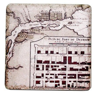 Vintage Fort Detroit Map Porcelain Tile Coaster - Pure Detroit